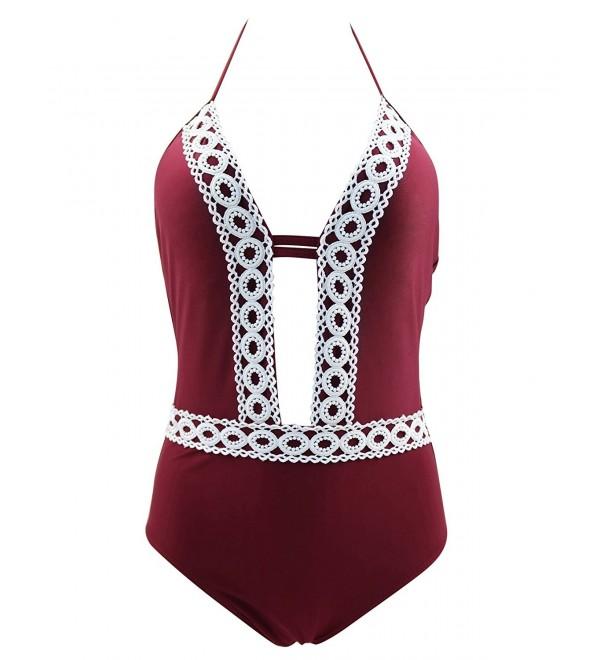 Women One Piece Swimsuit Floral Lace Halter Push Up Padded Monokini V