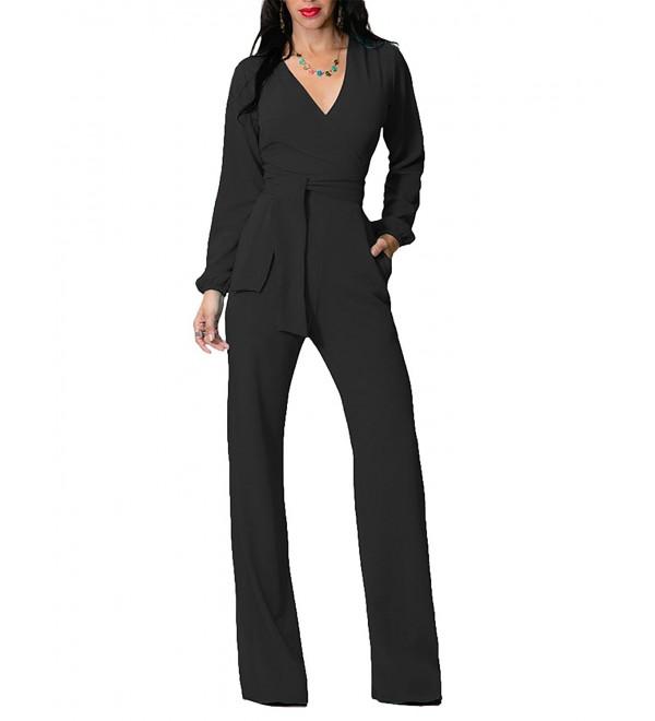 Womens V Neck Rompers Jumpsuit Belted Flared Wide Long Sleeve Cocktail
