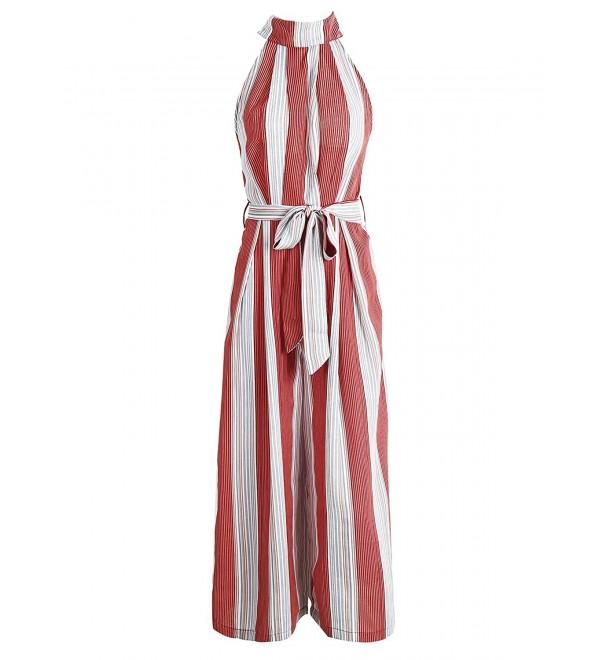 Womens Summer Loose Halter Sleeveless Striped Wide Leg Jumpsuit